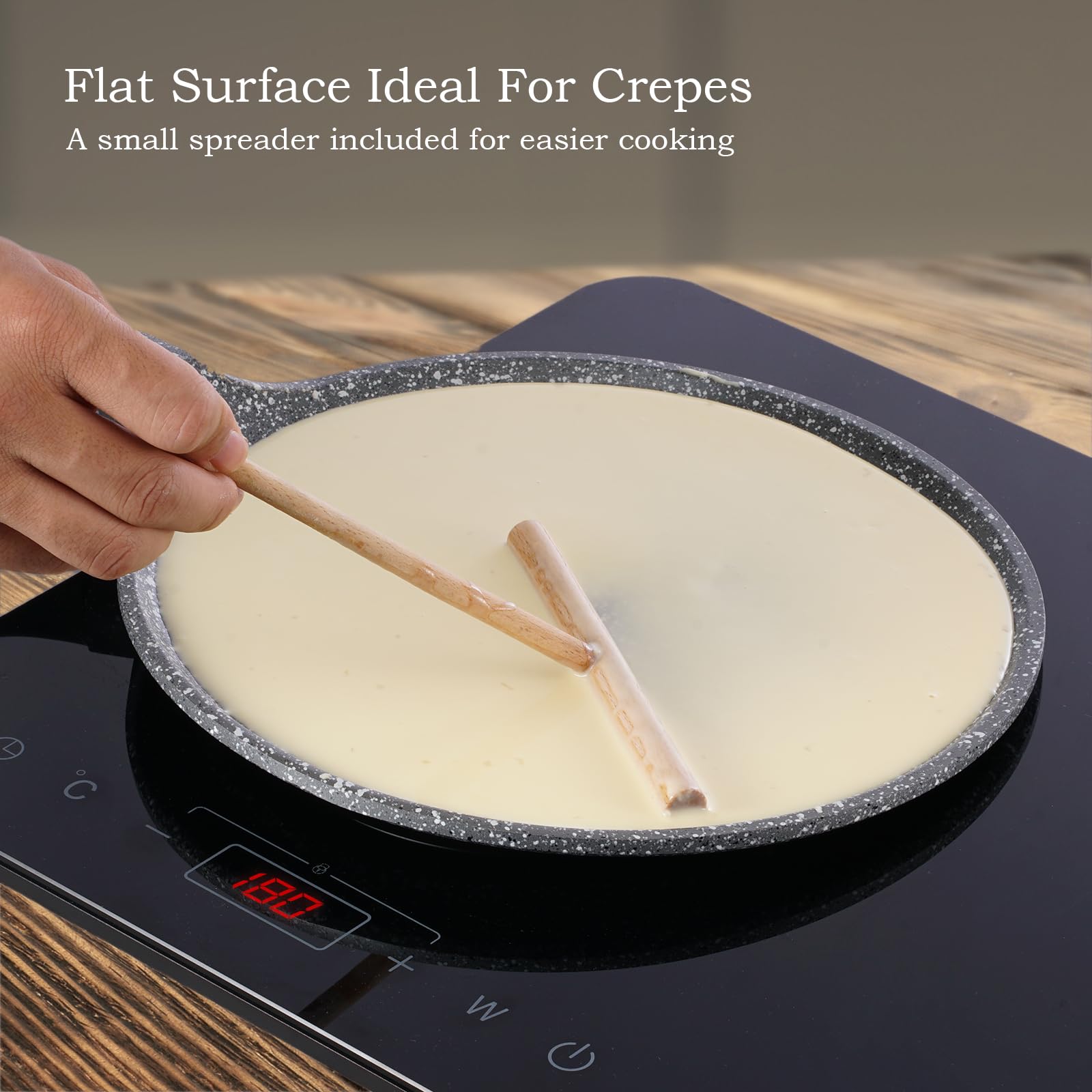 ACTIV CUISINE Nonstick Crepes Pan, Pancake Pan Skillet with Ceramic Coating 9.5 Inch Flat Skillet Tawa Dosa Tortilla Pan with Spreader Compatible with All Stovetops, PFOA-Free, Ashley Grey