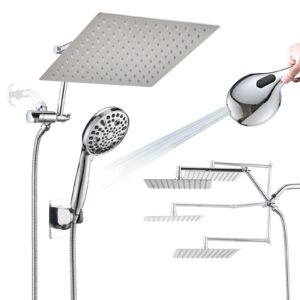 pdp bath 10" rainfall shower head with handheld spray, dual rain showerhead with high pressure 10-setting wand combo, 16" adjustable extension arm build-in 3-way diverter, 6ft hose - chrome