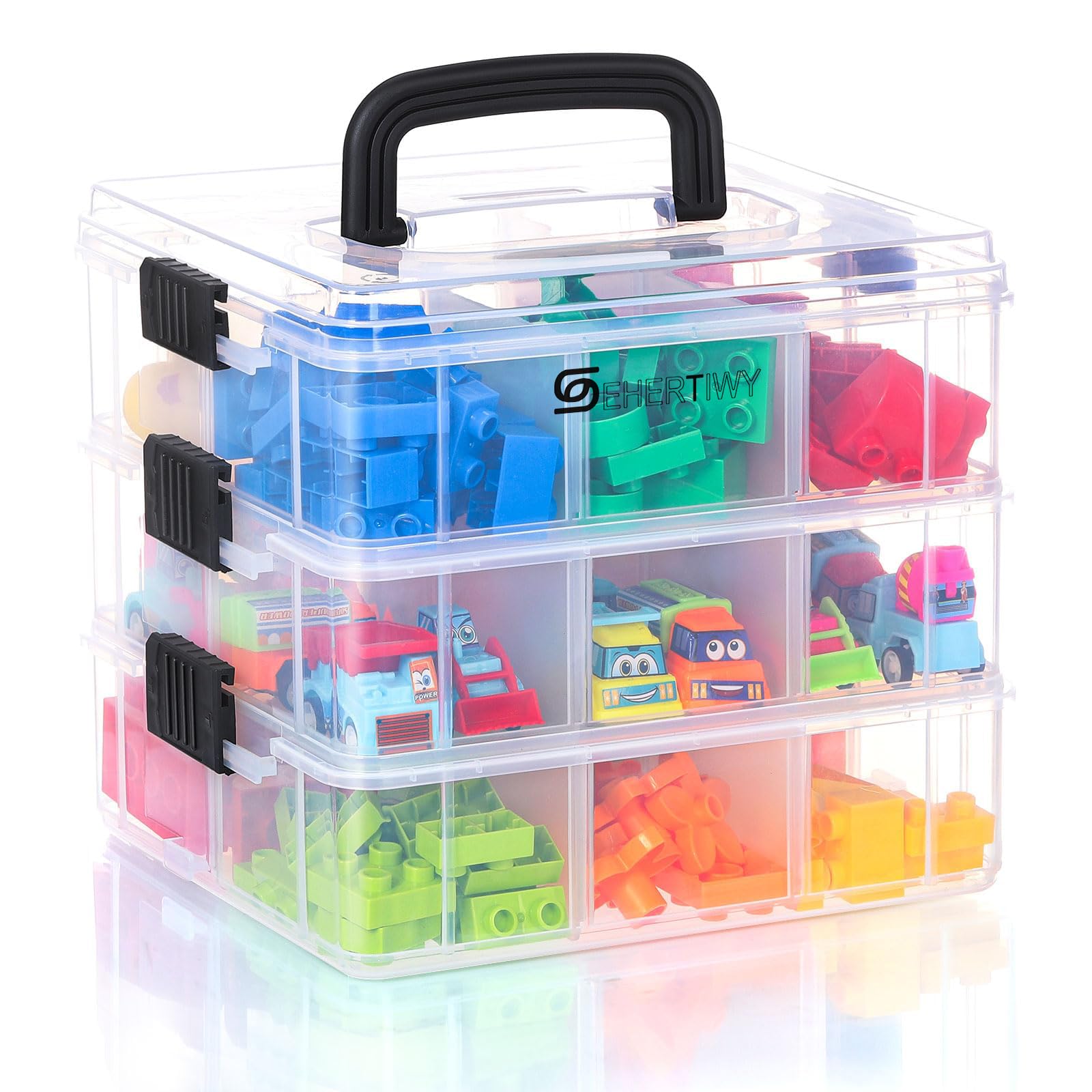 SEHERTIWY Plastic Organizer Box for Adult, 3-Tier Stackable Storage Container with 18 Adjustable Compartments, Lego Storage Box with Handle, Craft & Sewing Supplies Storage for Beads Jewelry, Clear