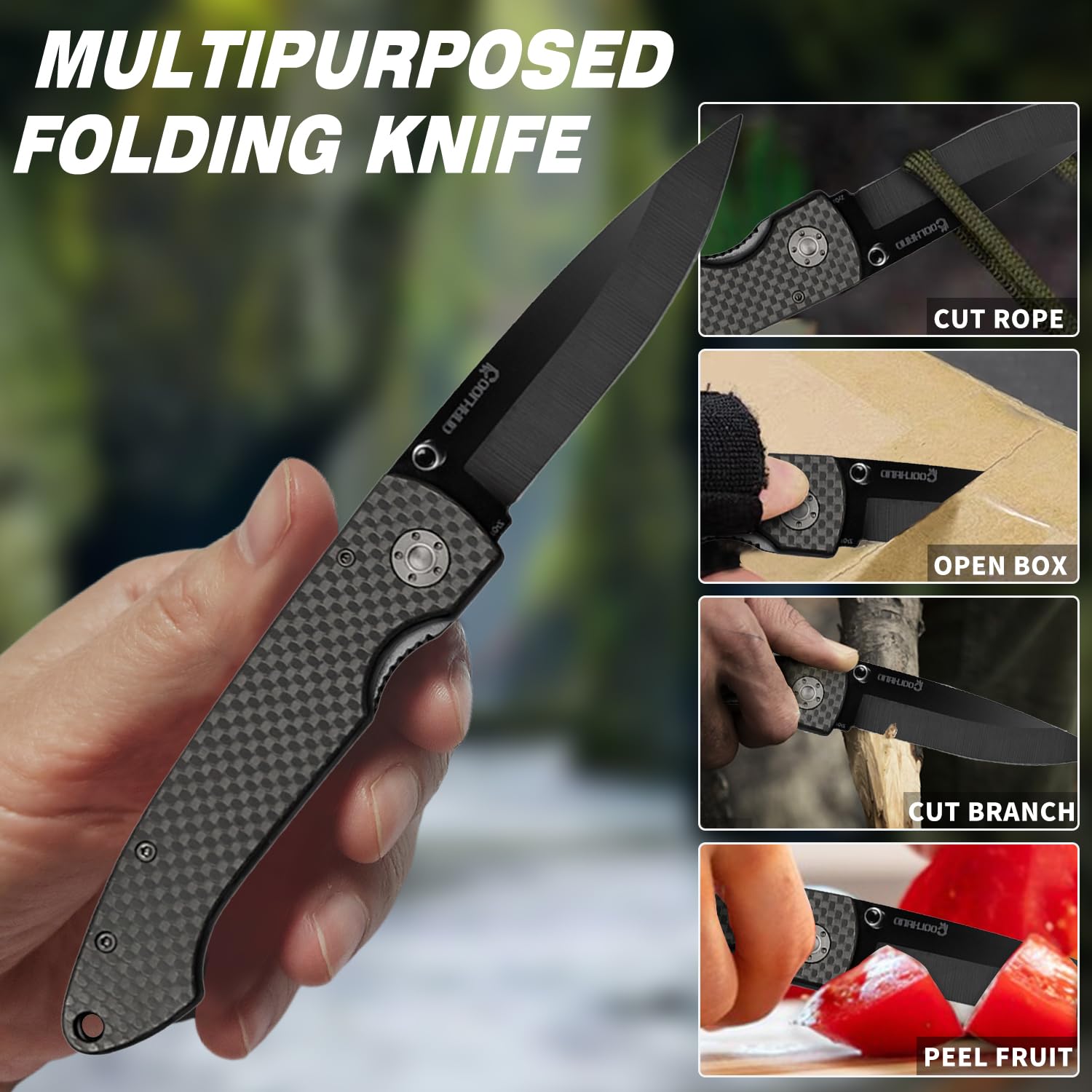 Cool Hand 6.6" Carbon Fiber Folding Pocket Knife w/ 2.8" Polished Black Ceramic Blade, Liner Lock Mechanism, w/Pocket Clip