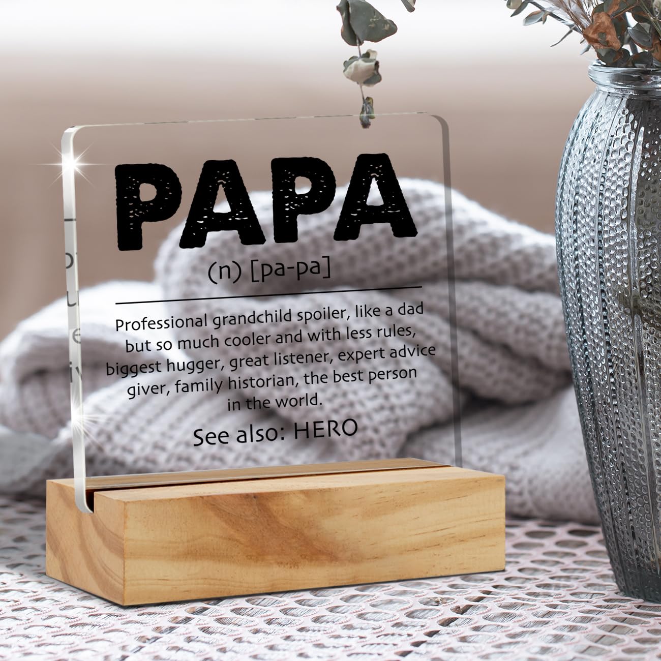 Gifts for Papa Grandpa Grandfather, Papa Definition Desk Decor Acrylic Desk Plaque Sign with Wood Stand Home Office Desk Sign Keepsake Father's Day Present