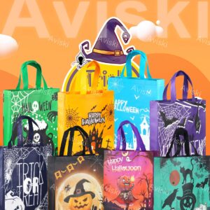 Aviski 8PCS Halloween Trick or Treat Bags, Halloween Tote Bags with Handles, Large Gift Bags, Multifunctional Non-Woven Halloween Bags for Gifts Wrapping, Halloween Party Supplies, 15×11.8×3.9“