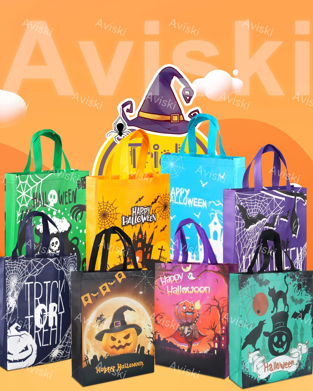 Aviski 8PCS Halloween Trick or Treat Bags, Halloween Tote Bags with Handles, Large Gift Bags, Multifunctional Non-Woven Halloween Bags for Gifts Wrapping, Halloween Party Supplies, 15×11.8×3.9“