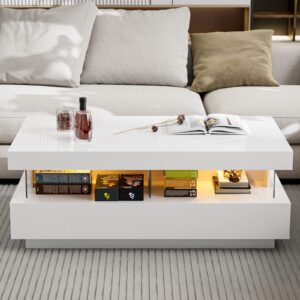 IKIFLY Modern High Glossy Coffee Table, White Coffee Table with 2 Storage Drawers and Acrylic Design Open Space, Rectangle Coffee Table with 16 Colors LED Lights for Living Room