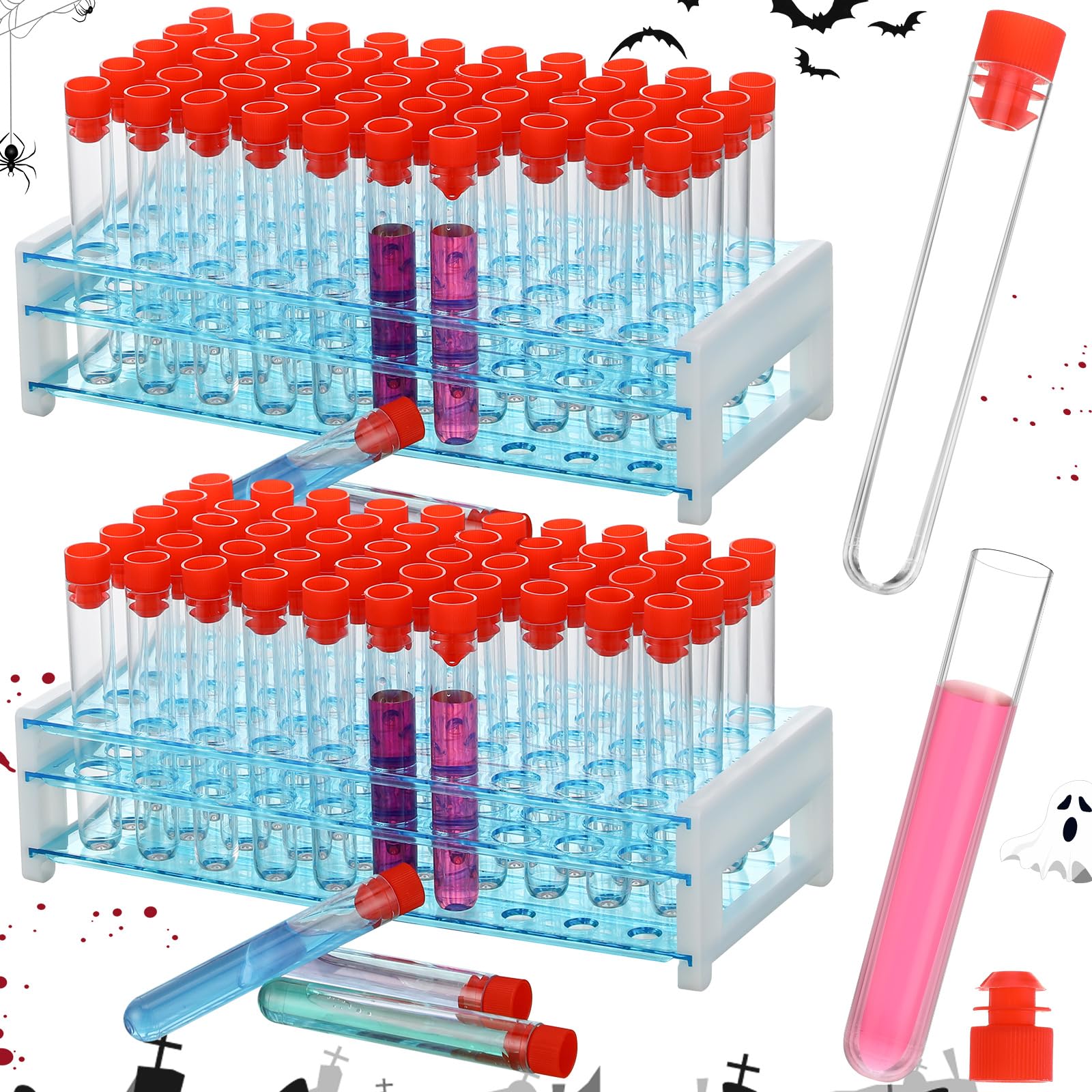 Xuhal 100 Pcs Halloween Plastic Test Tubes with Rack, 16 x 100 mm Clear Test Tubes with Caps 10 ml Test Tubes with Lids and 50 Holes Test Tube Holder for Nurse Party Decorations Party Favors