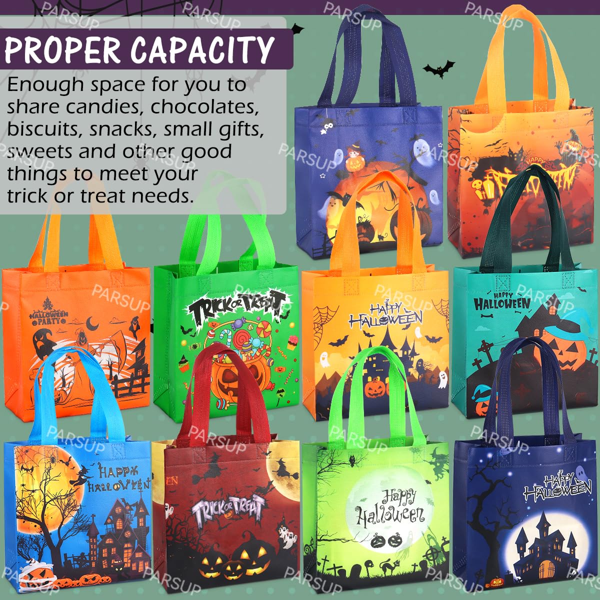 PARSUP 20PCS Halloween Trick or Treat Bags,Halloween Tote Bags with Handles, Gift Bags, Multifunctional Non-Woven Halloween Bags for Gifts Wrapping, Halloween Party Supplies, 7.9"×7.9"×3.15"