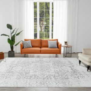 auemtyn area rug, 8x10 washable rug for living room, non-shedding vintage rug with non-slip backing, stain resistant distressed farmhouse rug for bedroom(8'x10',white/silver)