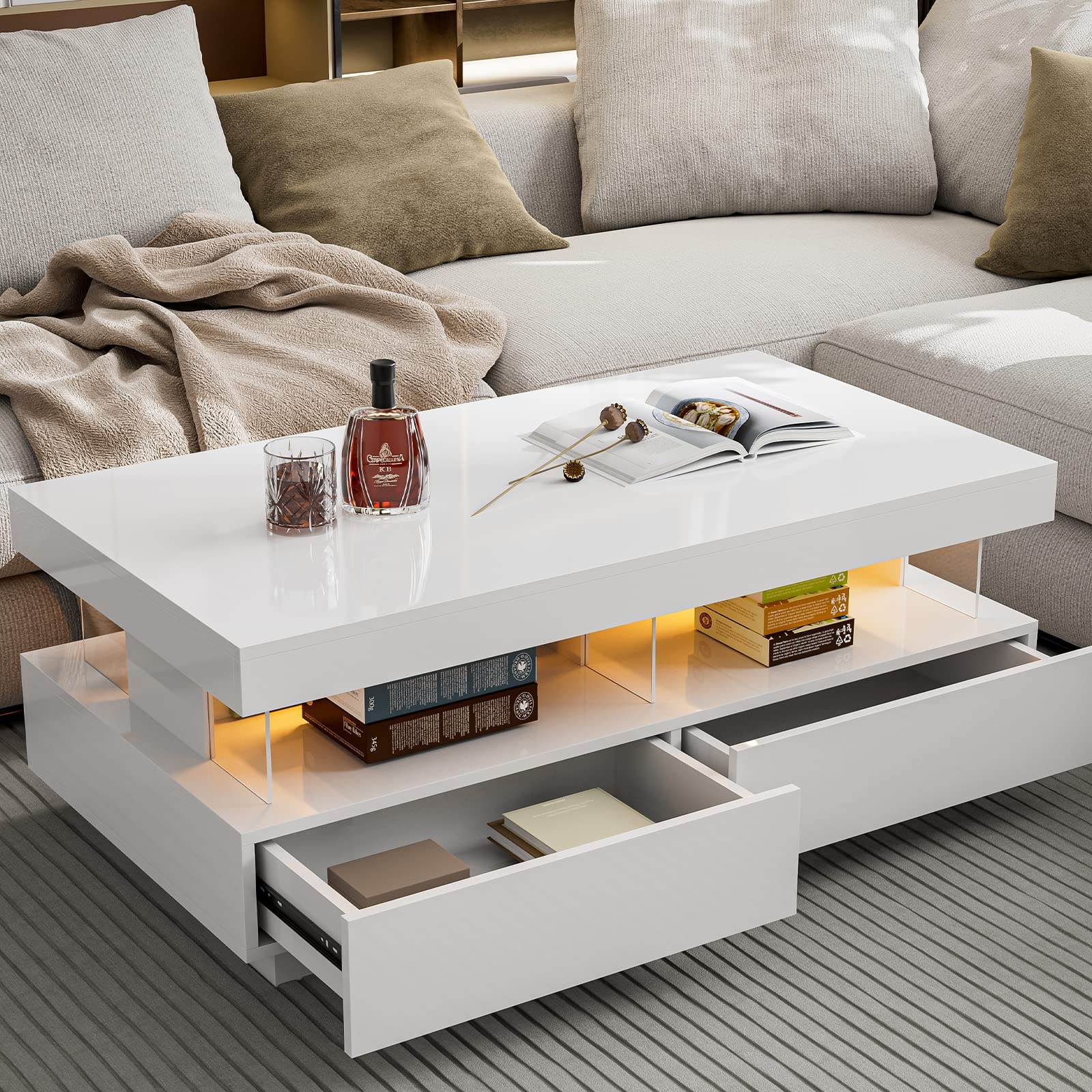 IKIFLY Modern High Glossy Coffee Table, White Coffee Table with 2 Storage Drawers and Acrylic Design Open Space, Rectangle Coffee Table with 16 Colors LED Lights for Living Room