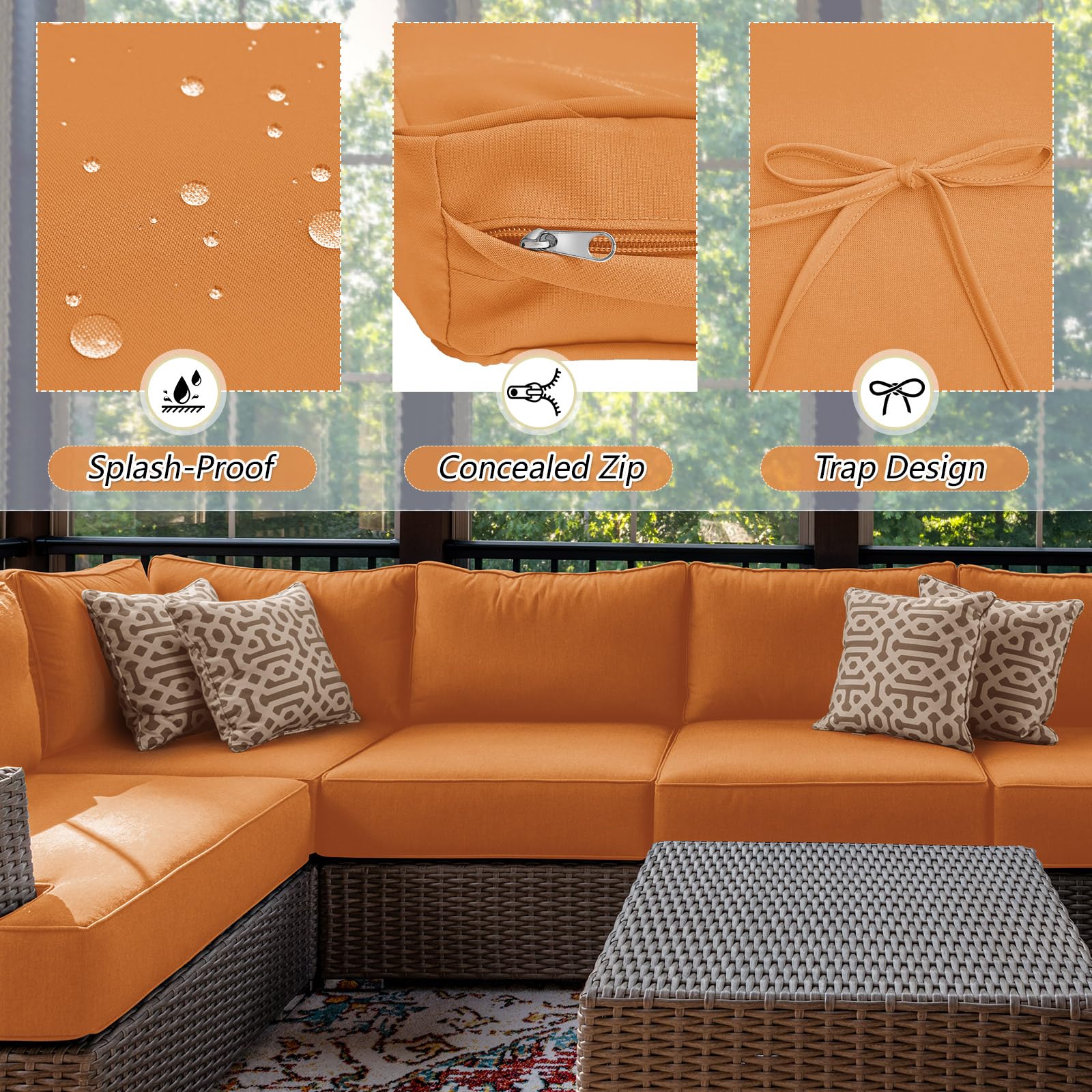 Patelai 11 Pcs Outdoor Cushion Covers Patio Cushion Slipcovers Replacement Splash Proof with Zipper for Outdoor Indoor Furniture, Patio Sofa Couch 3 Sizes, Replacement Covers Only(Orange)