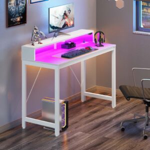 Rolanstar Computer Desk 39 inch with LED Lights & Power Outlets, Home Office Desk with Monitor Shelf, Gaming Desk, Writing Desk, Study Desk for Student & Kids, White