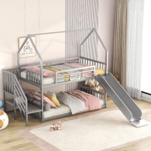 Harper & Bright Designs Twin Over Twin Metal Bunk Bed with Slide and Stairs, Low Bunk House Bed for Kids, Floor Bunk Bed, Modern Style Heavy-Duty Steel Frame (Silver)