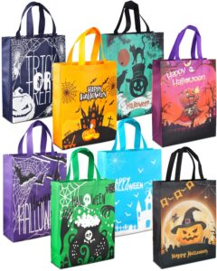 aviski 8pcs halloween trick or treat bags, halloween tote bags with handles, large gift bags, multifunctional non-woven halloween bags for gifts wrapping, halloween party supplies, 15×11.8×3.9“