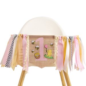 pink bear high chair banner for 1st birthday - sweet bee theme baby shower, birthday girl high chair decor, winnie the pooh high chair banner, first bee birthday party decorations, winnie one high chair banner, little bear banner for girls photo props, pi