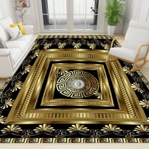 retro black gold greek key meander area rugs, 3d geometric gold print entryways mat, machine washable soft and comfortable for room living room office dining indoor outdoor hallway, 4ft x 6ft