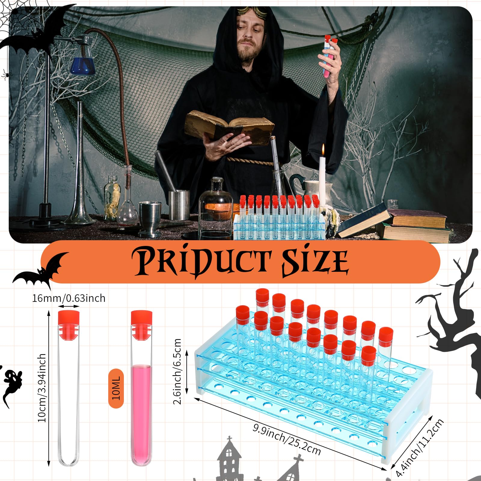 Xuhal 100 Pcs Halloween Plastic Test Tubes with Rack, 16 x 100 mm Clear Test Tubes with Caps 10 ml Test Tubes with Lids and 50 Holes Test Tube Holder for Nurse Party Decorations Party Favors