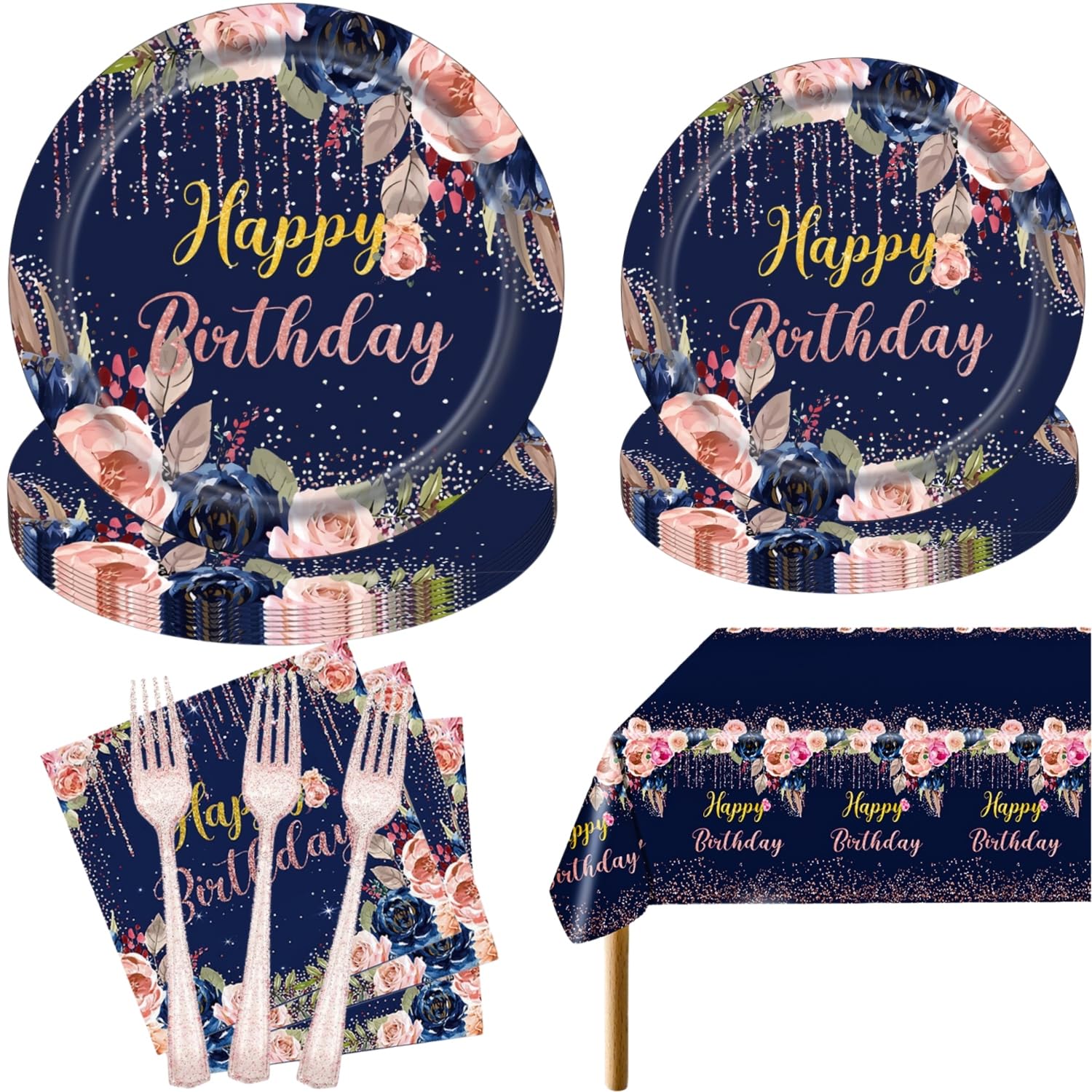 Birthday Plates and Napkins 97 Pcs Navy Blue Rose Gold Birthday Decorations for Women Girls, Happy Birthday Plates, Birthday Tablecloth Party Supplies, Floral Paper Plates Tableware Set, Serves 24