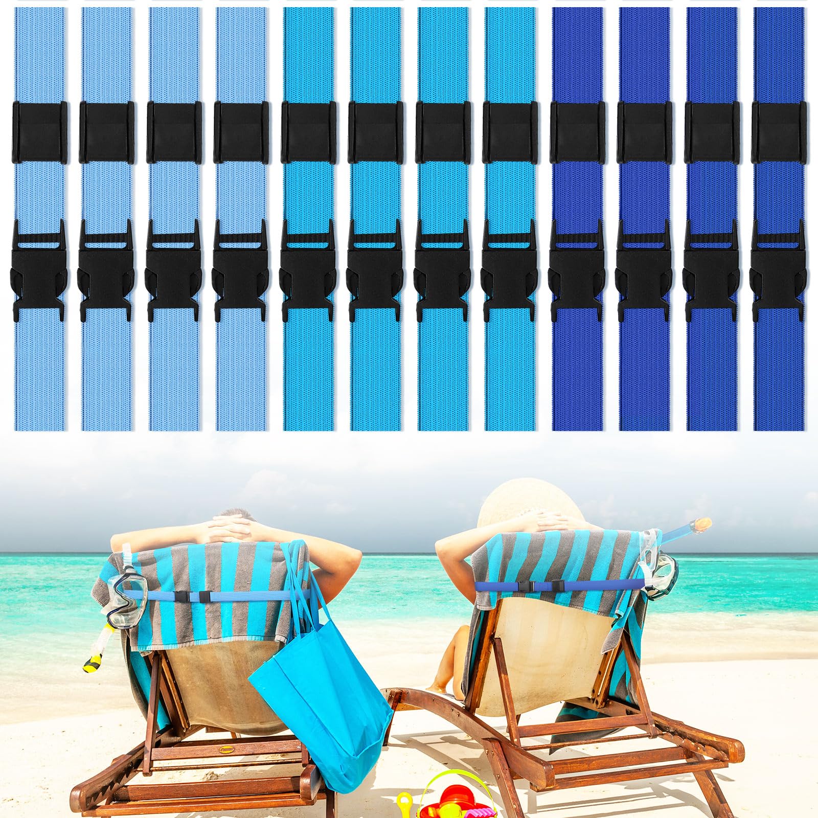 Amylove 12 Pcs Towel Bands for Beach Chairs Cruise Adjustable Swim Towel Clips for Summer Elastic Straps Windproof Beach Towel Holder Ship Travel Stretch Vacation Accessories Essentials (Mixed Colors)