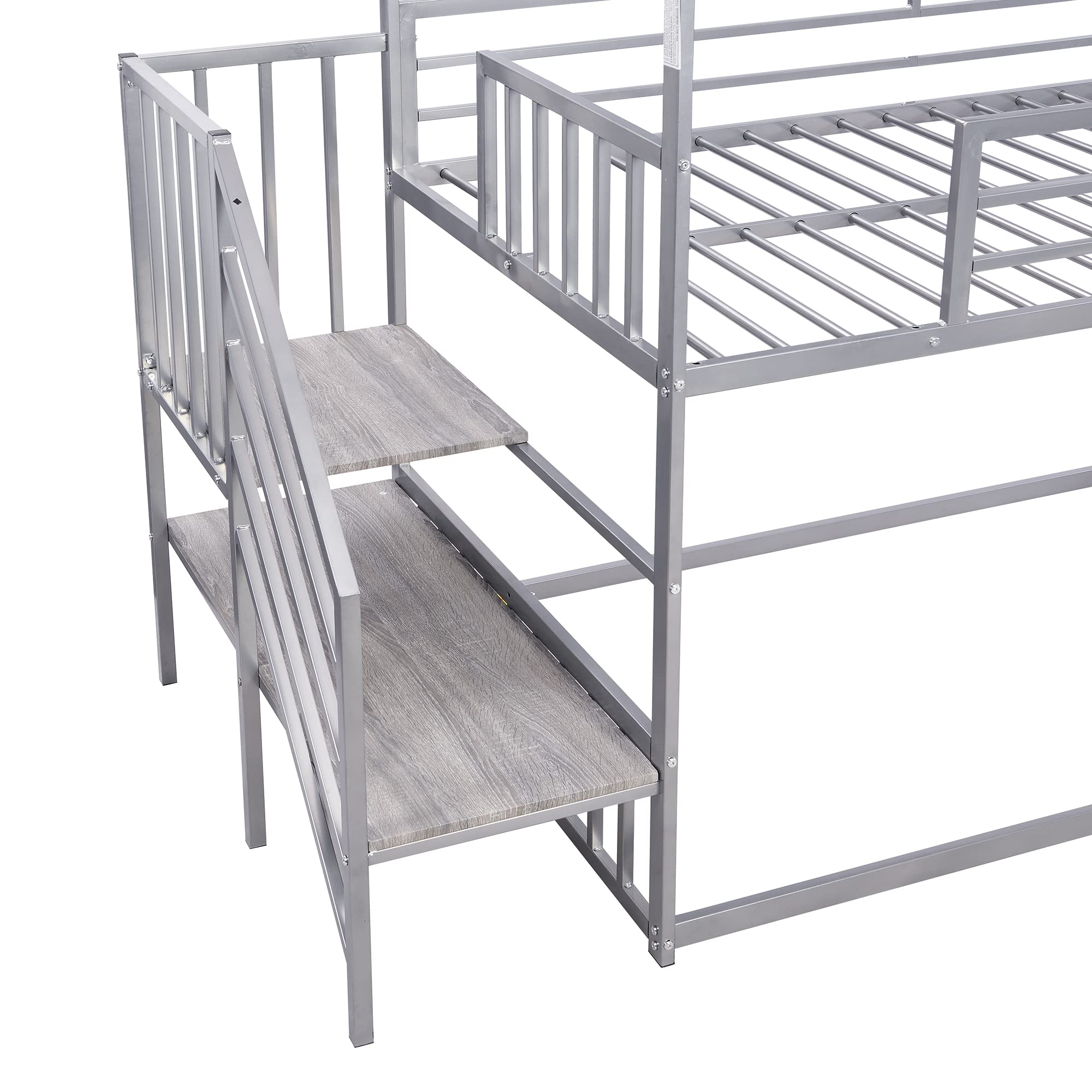 Harper & Bright Designs Twin Over Twin Metal Bunk Bed with Slide and Stairs, Low Bunk House Bed for Kids, Floor Bunk Bed, Modern Style Heavy-Duty Steel Frame (Silver)