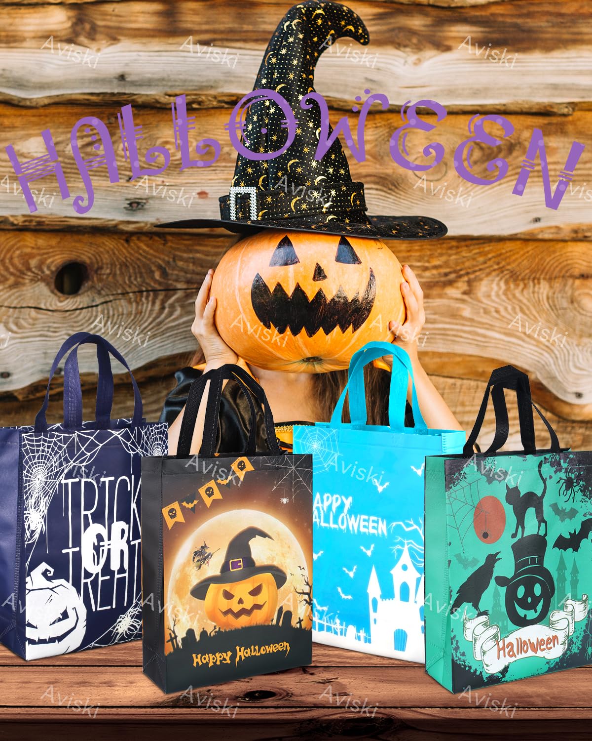 Aviski 8PCS Halloween Trick or Treat Bags, Halloween Tote Bags with Handles, Large Gift Bags, Multifunctional Non-Woven Halloween Bags for Gifts Wrapping, Halloween Party Supplies, 15×11.8×3.9“