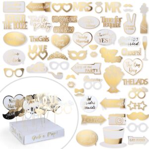 soul shift 60pcs fully assembled wedding photo booth props - prop stand - gold signs - elegant wedding & reception party supplies- funny wedding props -gold foil print – bridal photobooth