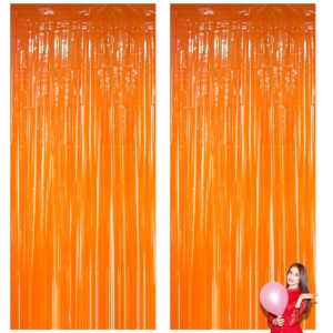 slergut orange foil fringe curtains, 2 pack 3.3 x 9.9 ft, party backdrop decoration for birthday, graduation, photo booths, table decorations