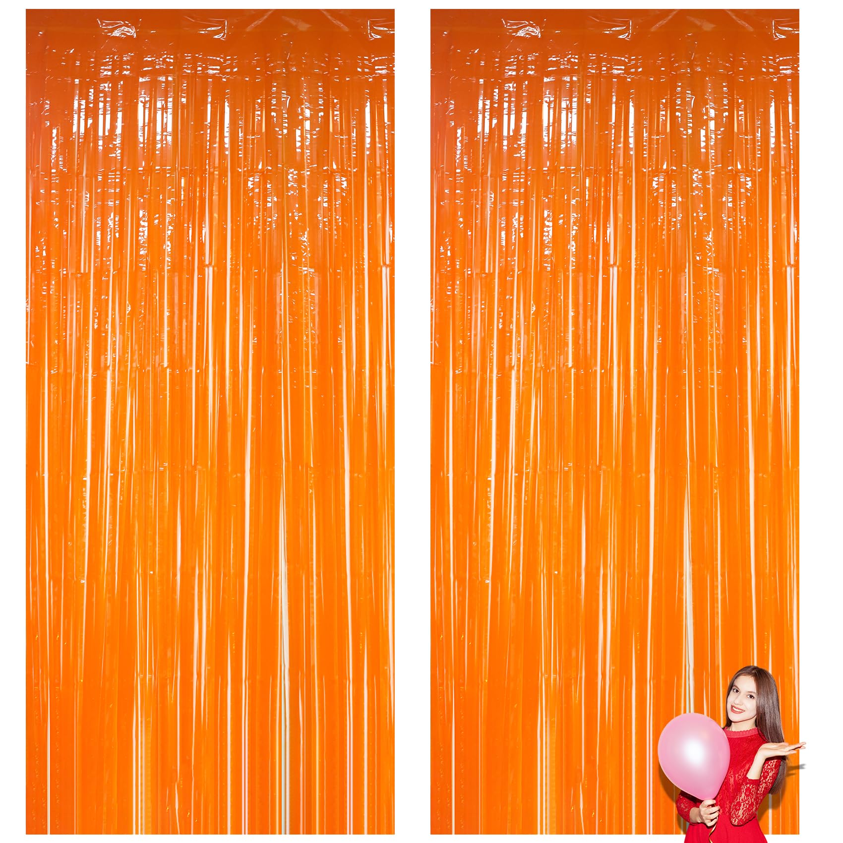 Slergut Orange Foil Fringe Curtains, 2 Pack 3.3 x 9.9 ft, Party Backdrop Decoration for Birthday, Graduation, Photo Booths, Table Decorations