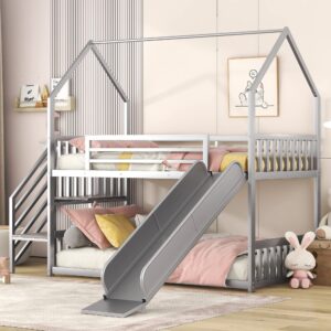 harper & bright designs twin over twin metal bunk bed with slide and stairs, low bunk house bed for kids, floor bunk bed, modern style heavy-duty steel frame (silver)