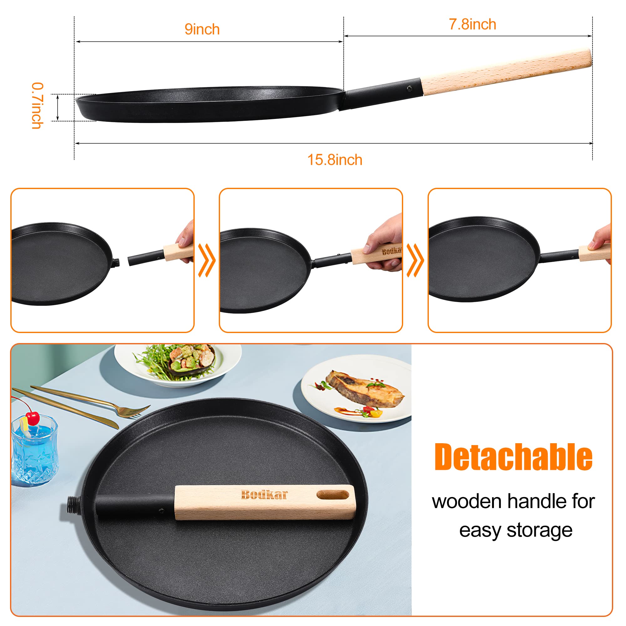 bodkar Frying Pan Skillet 8-inch Flat Griddle Pan, Lightweight Grill Pan with Wooden Handle for Camping Indoor Outdoor Cooking