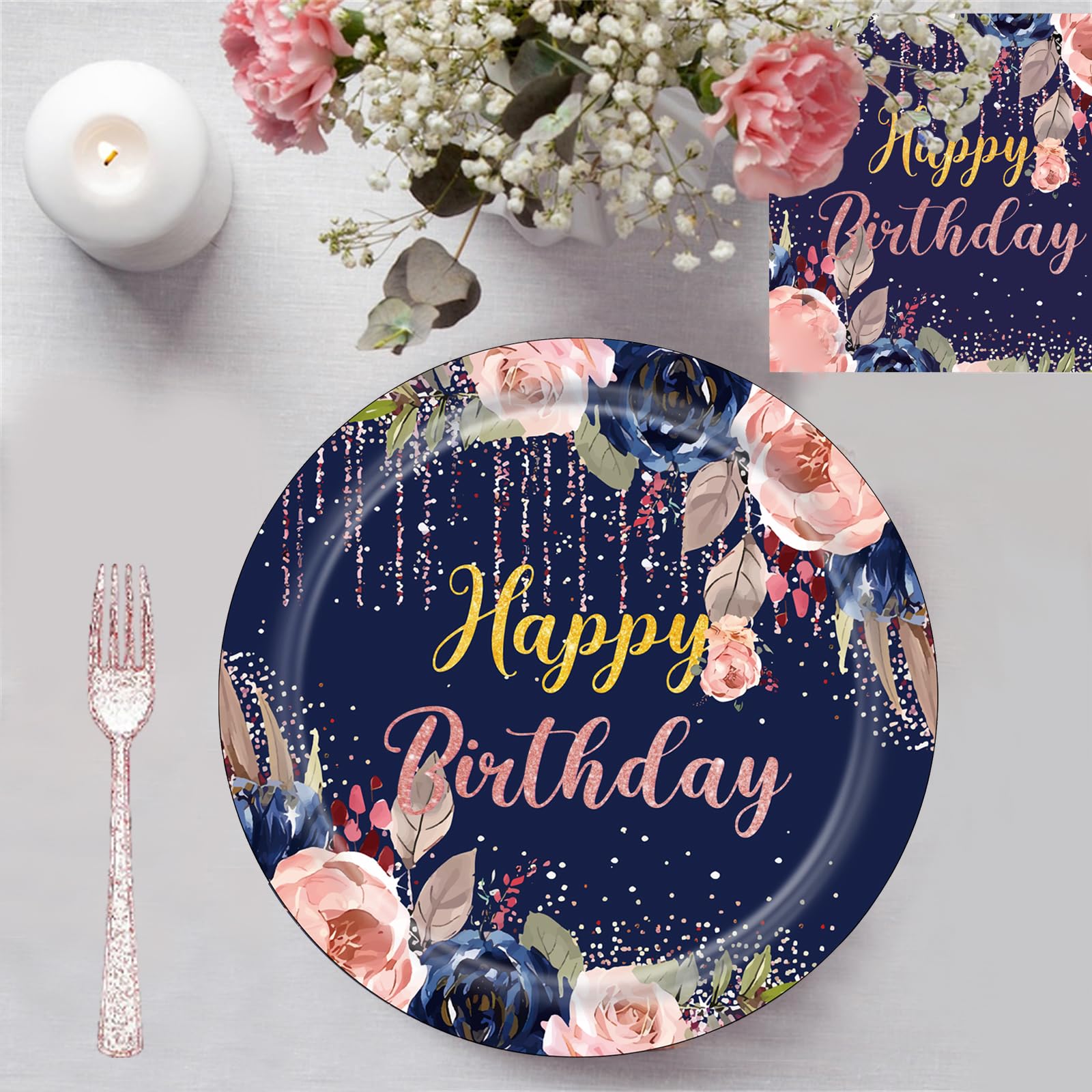 Birthday Plates and Napkins 97 Pcs Navy Blue Rose Gold Birthday Decorations for Women Girls, Happy Birthday Plates, Birthday Tablecloth Party Supplies, Floral Paper Plates Tableware Set, Serves 24