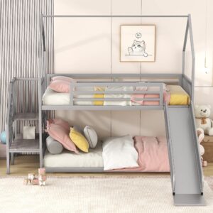 Harper & Bright Designs Twin Over Twin Metal Bunk Bed with Slide and Stairs, Low Bunk House Bed for Kids, Floor Bunk Bed, Modern Style Heavy-Duty Steel Frame (Silver)