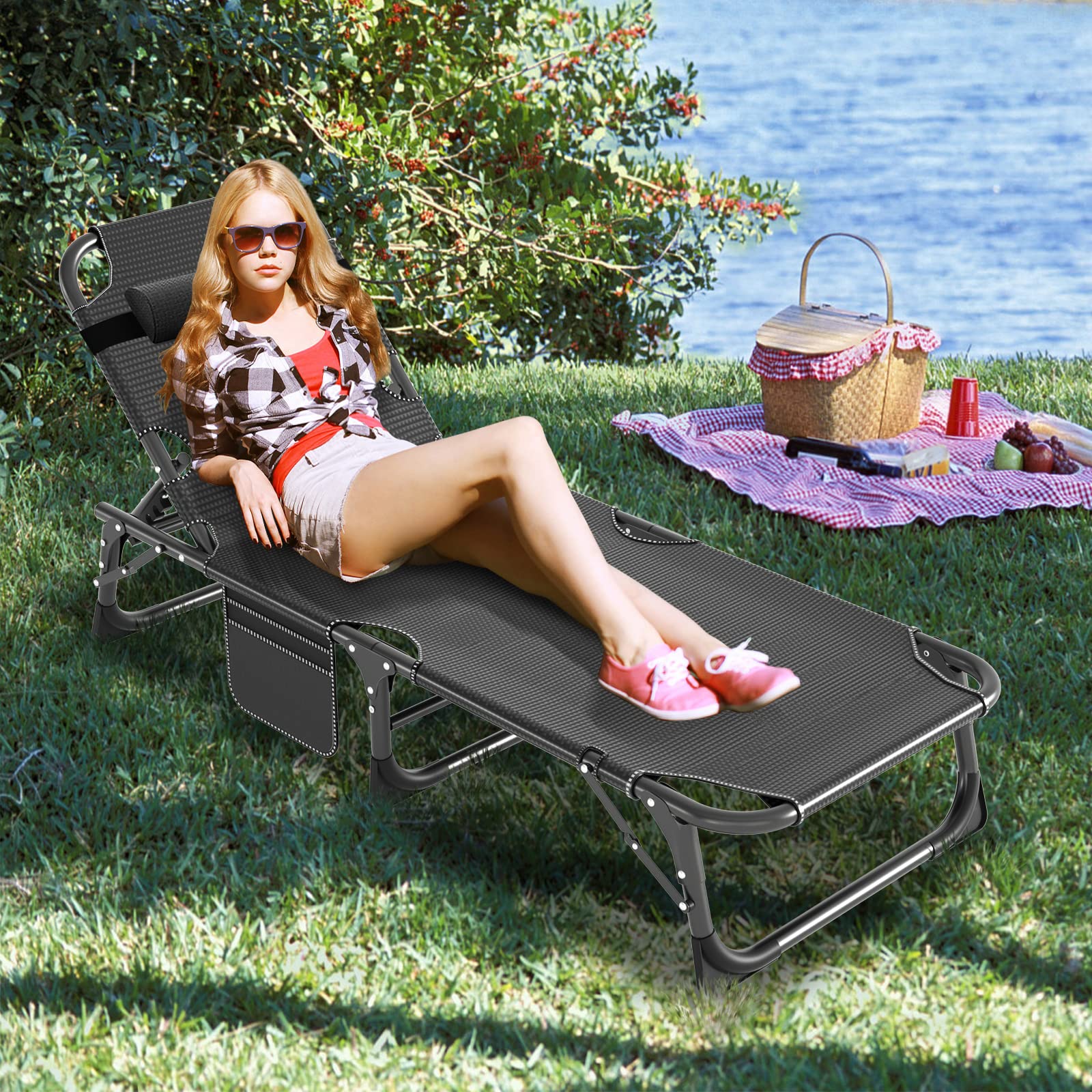 LILYPELLE Folding Lounge Chair with Mattress, 5 Position Adjustable Folding Cot Portable Outdoor Folding Chaise Lounge Chair for Outside, Sunbathing, Camping, Pool, Beach, Patio