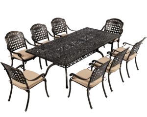 titimo 9-piece cast aluminum patio furniture set, outdoor dining set bistro conversation set, 8 chairs and rectangle dining table with cushions and umbrella hole (8 stackable chairs)