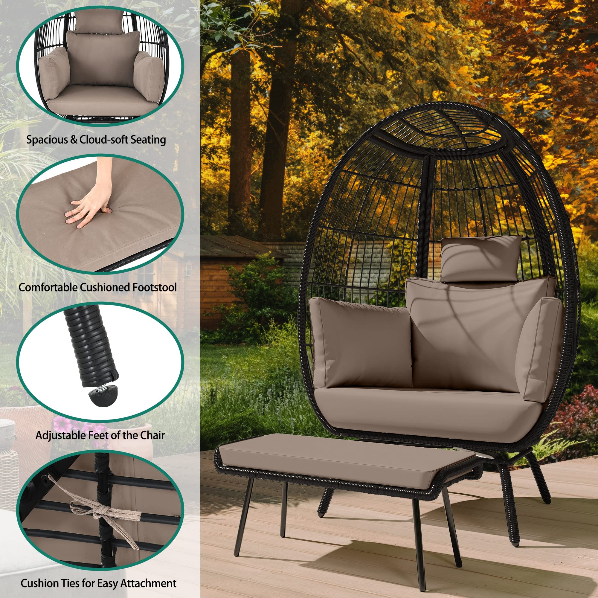 YITAHOME Wicker Egg Chair with Ottoman Outdoor Indoor Oversized Lounger with Stand, Cushions, Egg Basket Chair for Patio Backyard Porch - Brown & Black