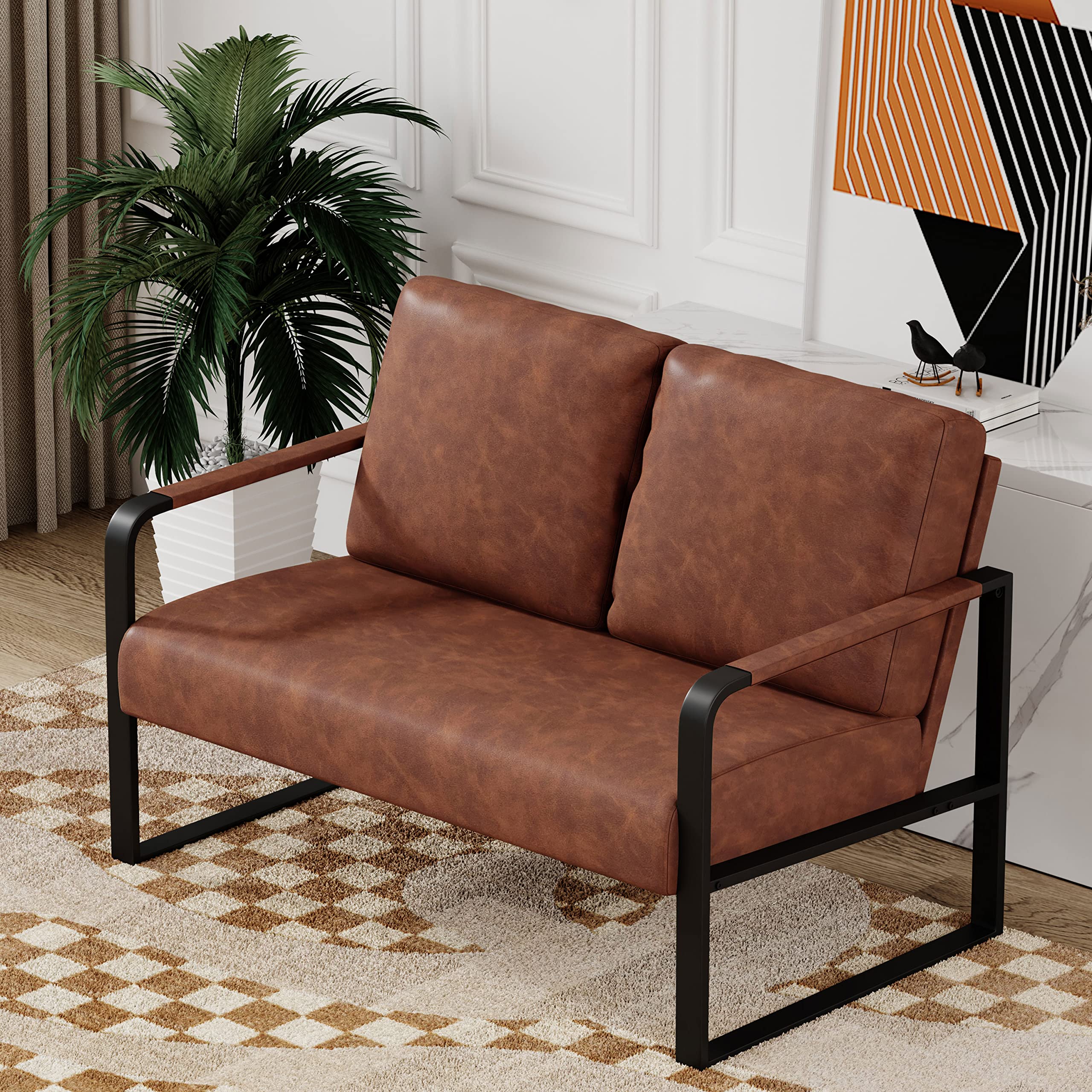 POINTANT Love Seat Mini Couch Small Settee Loveseat Bench for Living Room, Faux Leather Loveseat Sofa Small Sofa Couches for Small Spaces with Padded Cushion, Mid Century Modern Dark Brown Love Seats