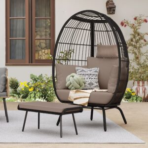 YITAHOME Wicker Egg Chair with Ottoman Outdoor Indoor Oversized Lounger with Stand, Cushions, Egg Basket Chair for Patio Backyard Porch - Brown & Black