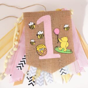 Pink Bear High Chair Banner For 1st Birthday - Sweet Bee Theme Baby Shower, Birthday Girl High Chair Decor, Winnie The Pooh High Chair Banner, First Bee Birthday Party Decorations, Winnie One High Chair Banner, Little Bear Banner For Girls Photo Props, Pi