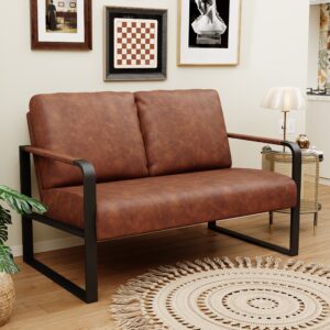 POINTANT Love Seat Mini Couch Small Settee Loveseat Bench for Living Room, Faux Leather Loveseat Sofa Small Sofa Couches for Small Spaces with Padded Cushion, Mid Century Modern Dark Brown Love Seats