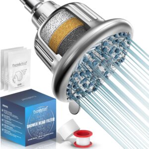 pureaction shower head filter for hard water - 7 settings high pressure filtered shower head with filters for chlorine and fluoride - water softener showerhead with filter for hair and skin