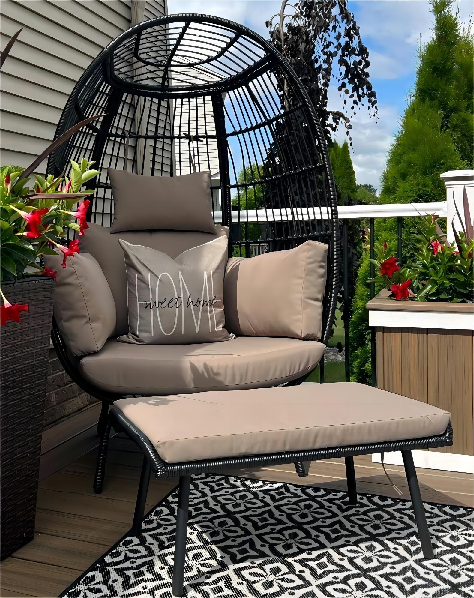 YITAHOME Wicker Egg Chair with Ottoman Outdoor Indoor Oversized Lounger with Stand, Cushions, Egg Basket Chair for Patio Backyard Porch - Brown & Black