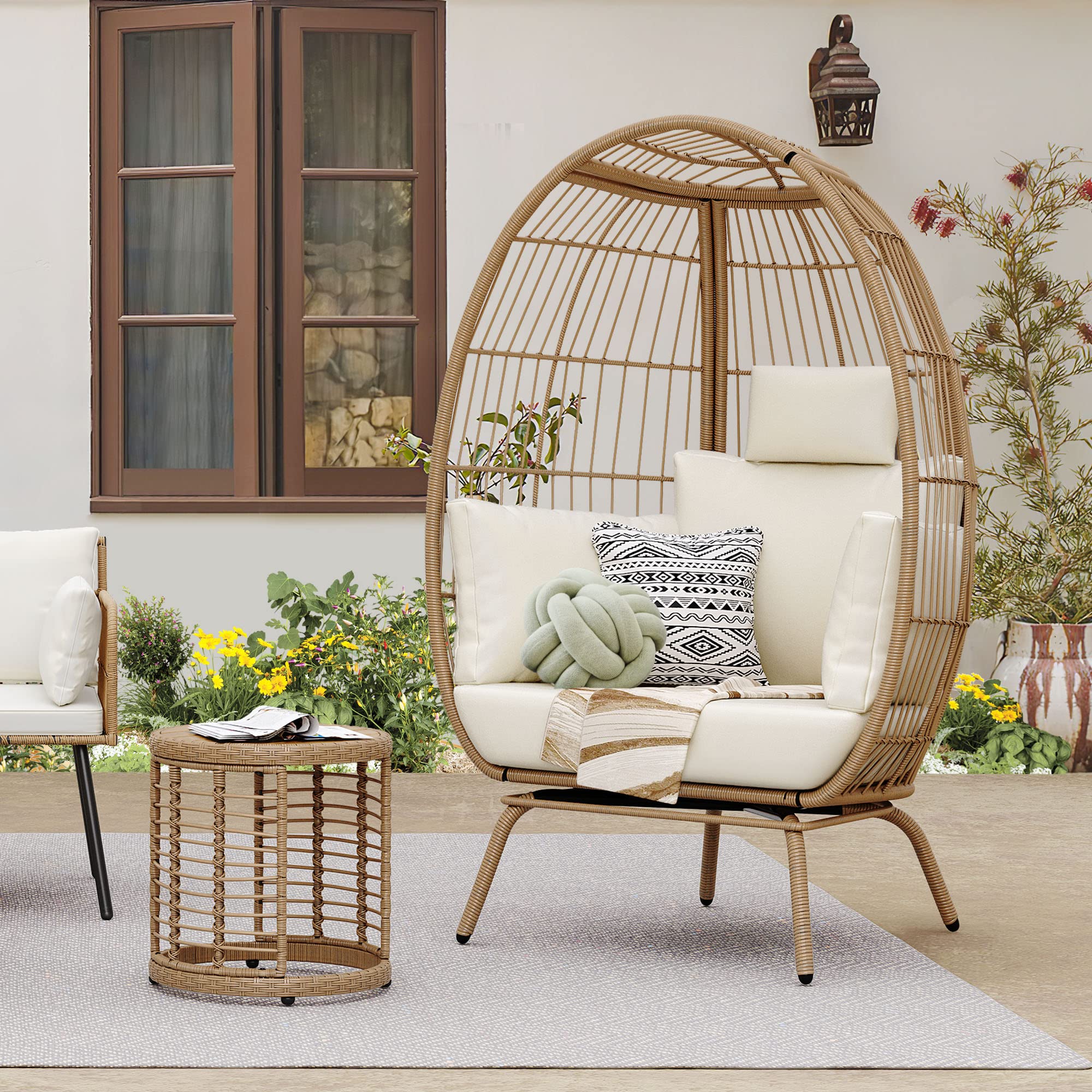 YITAHOME Standing Egg Chair with Coffee Table Oversized Wicker Basket Chair for Outdoor Indoor, Patio Egg Chair with Headrest Cushion - Beige