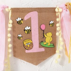 Pink Bear High Chair Banner For 1st Birthday - Sweet Bee Theme Baby Shower, Birthday Girl High Chair Decor, Winnie The Pooh High Chair Banner, First Bee Birthday Party Decorations, Winnie One High Chair Banner, Little Bear Banner For Girls Photo Props, Pi