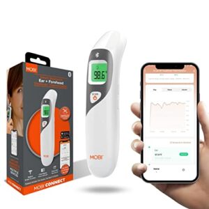 mobi connect smart dualscan bluetooth ear & forehead thermometer - backlit screen, led fever indicators, memory recall of last 20 readouts, farenheit & celsius mode, room temperate with date & time