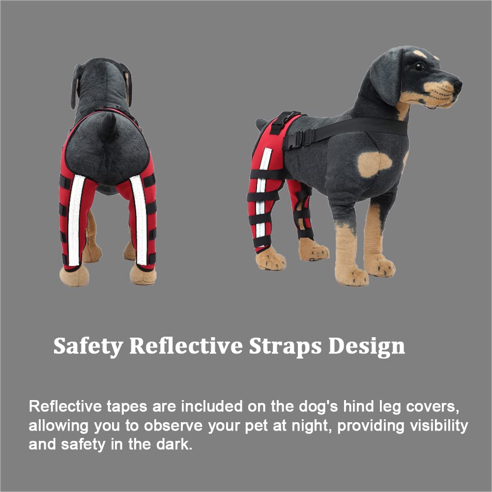 Dog Knee Brace Adjustable Dog Double Rear Leg Brace with Metal Hinged Flexible Support and Reflective Seat Belts Dog Acl Brace Hind Leg Red (M)