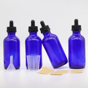 toaazhy 4 pack,blue eye glass dropper bottles 4 oz,120 ml dark empty tincture bottles with dropper,alcohol,hair oil bottle,perfume,essentia,small,droppers for oils,medicine,pipette,drip drop,travel