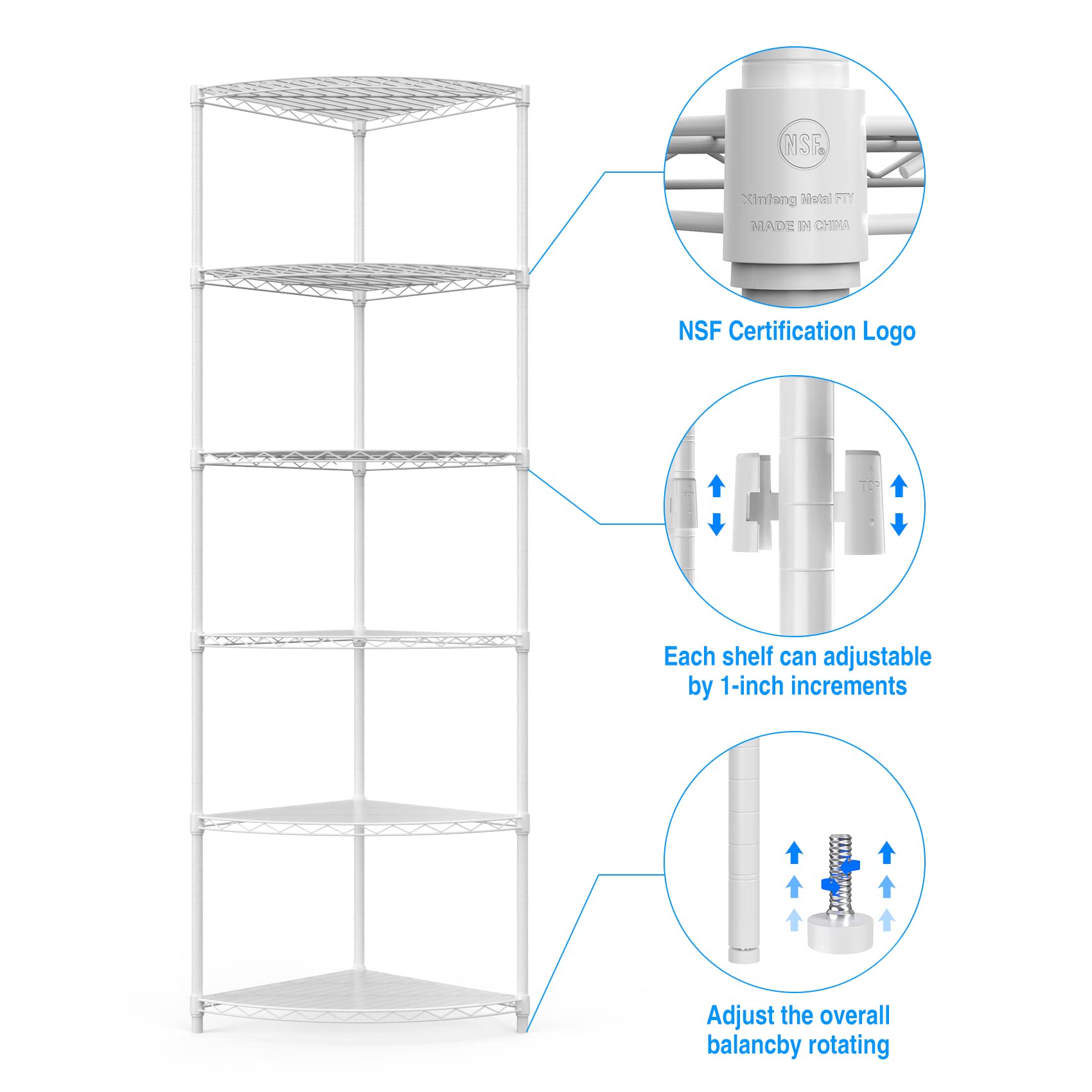 NSF 6-Tier Metal Corner Shelf Wire Shelving Unit - 420 lbs Capacity, Adjustable, with leveling feet & Waterproof Shelf Liners - Ideal for Garage, Kitchen, and More - 72" H x 18" L x 18" D - White