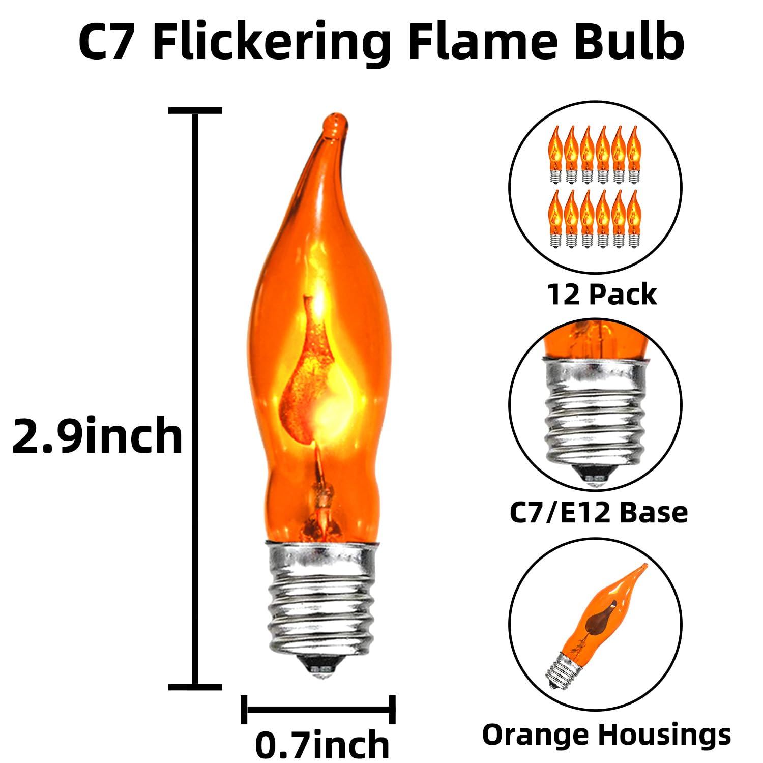 PASUTO 12 Pack C7 Flickering Flame Light Bulbs Orange Flame Light Bulbs - E12 Flickering Flame Bulb, Ideal as Christmas Halloween Candle Light Bulbs & Replacement Bulbs for String Lights,1W, 120V