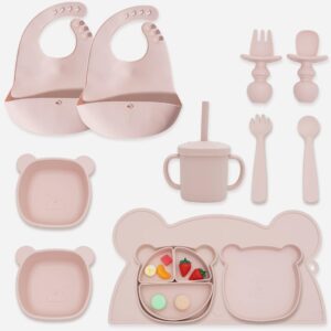 shandra silicone baby feeding set (12 pcs) - baby led weaning supplies - baby feeding accessories - suction divided plate, plates and bowls, sippy cup straw & lid, bibs, spoons, forks (pink)