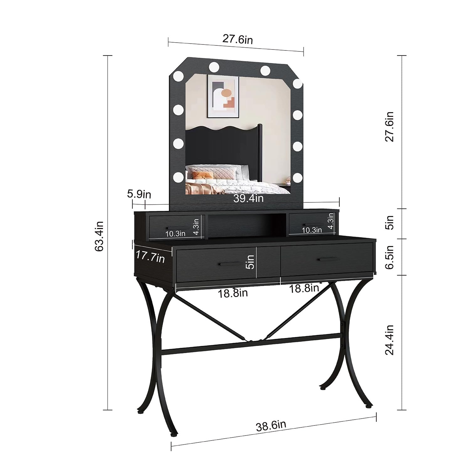 Vanity Table with Lighted Mirror, Modern Makeup Vanity Table with 10 Lights Makeup Desk 4 Drawer Storage Dressing Table for Bedroom (Black)