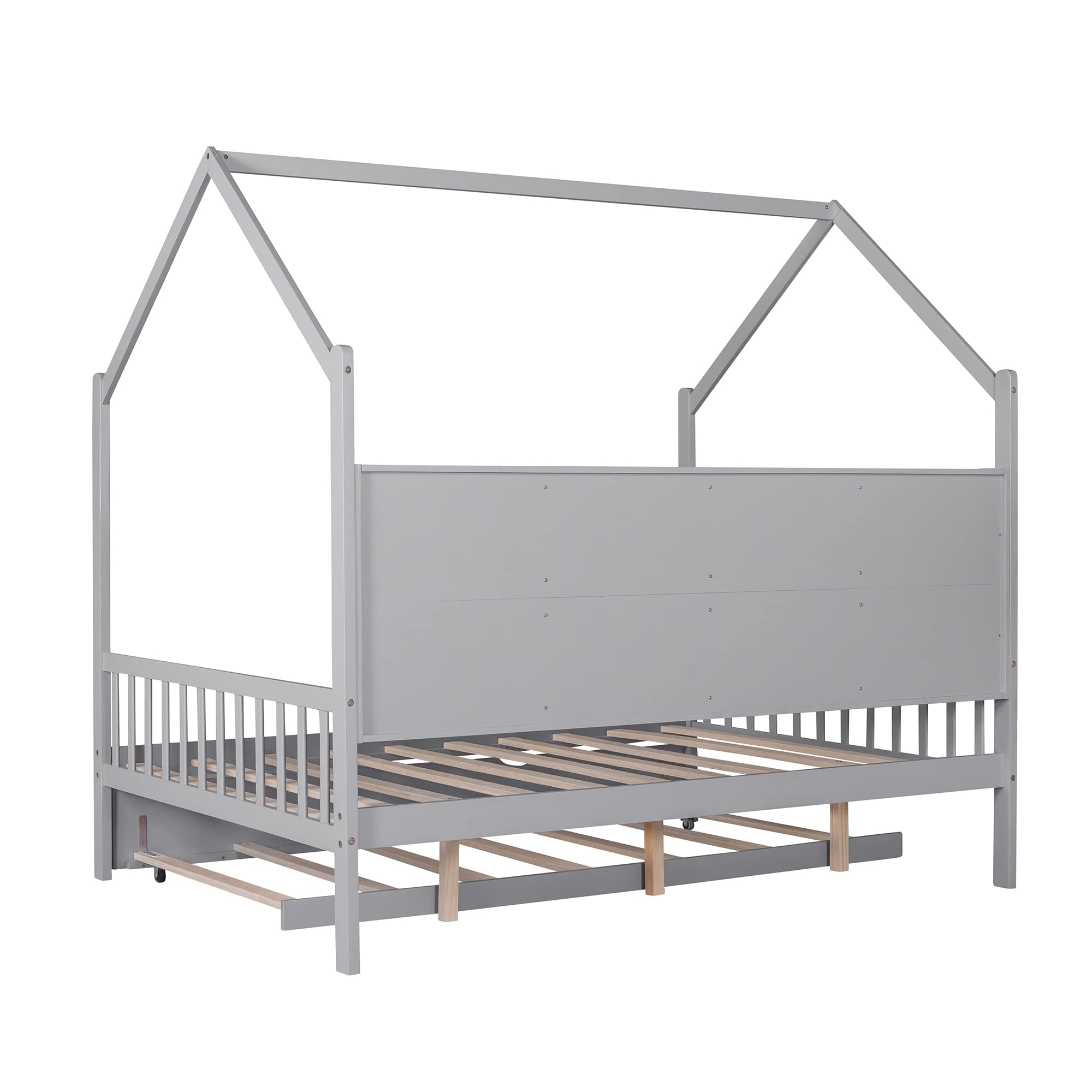 Merax Full Size Wooden House Bed,Solid Wood Full Bed Frames with Trundle and Shelf,Kids House Bed,Gray