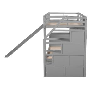 Harper & Bright Designs Twin Over Twin Bunk Bed with Stairs, Slide, Desk, Solid Wood Bunk Bed with Storage Drawers and Shelves, for Kids Teens Adults (Gray)